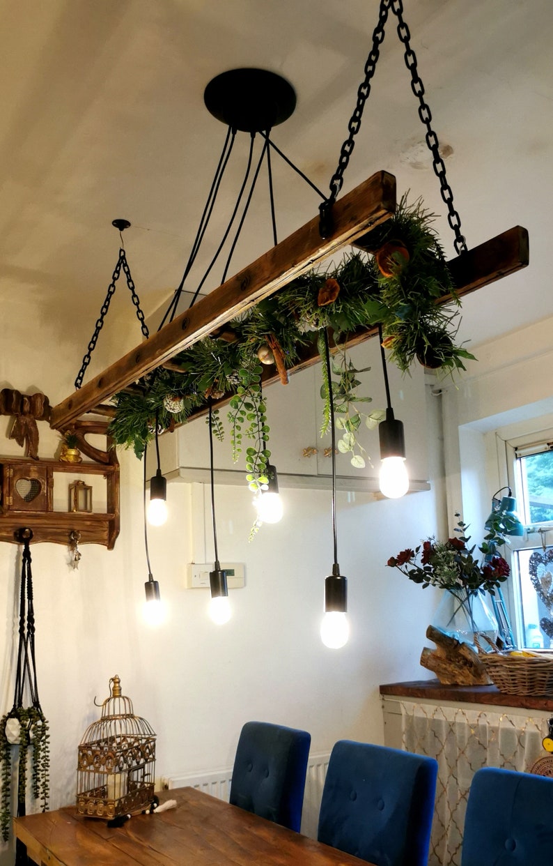 6 Pendant Rustic Vintage Industrial Wooden Ladder Farmhouse Chandelier ...