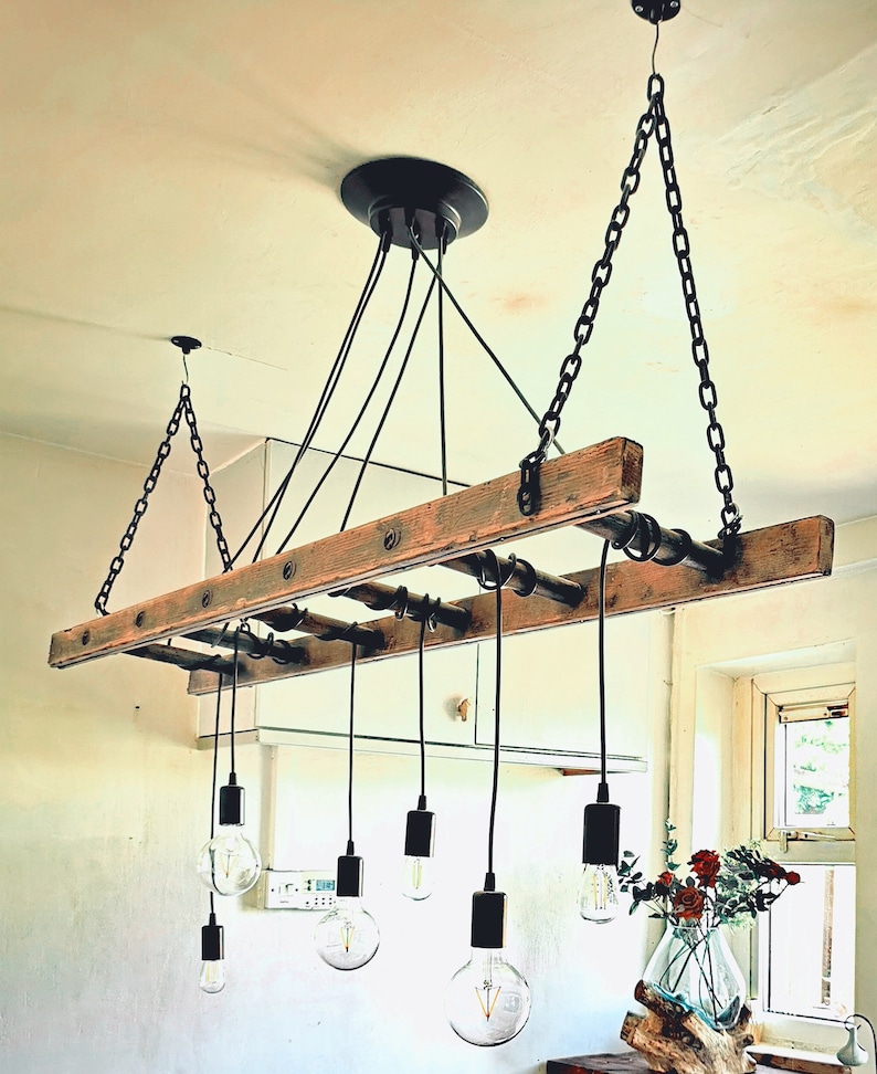 6 Pendant Rustic Vintage Industrial Wooden Ladder Farmhouse Chandelier ...