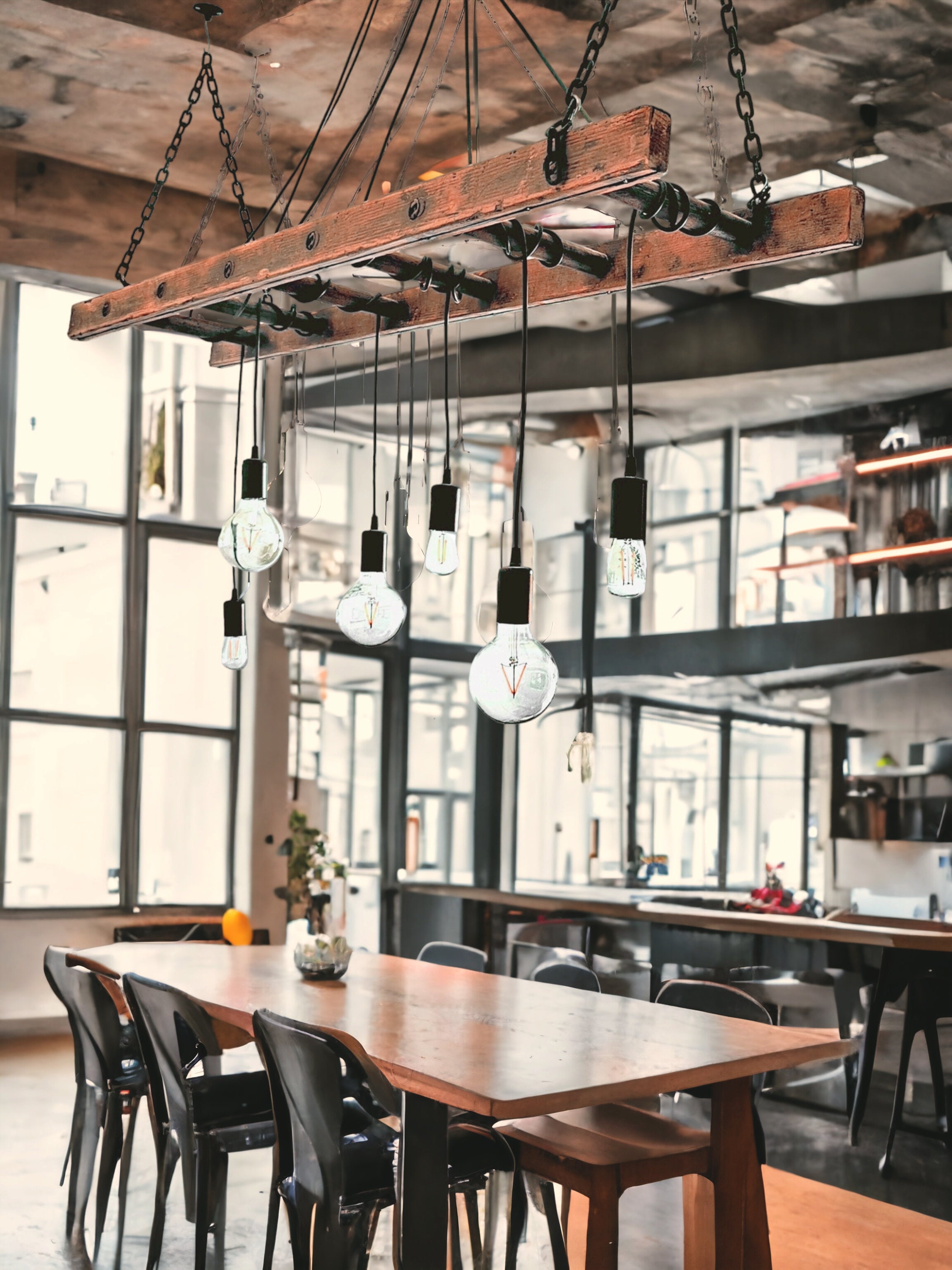 6 Pendant Rustic Vintage Industrial Wooden Ladder Farmhouse Chandelier ...