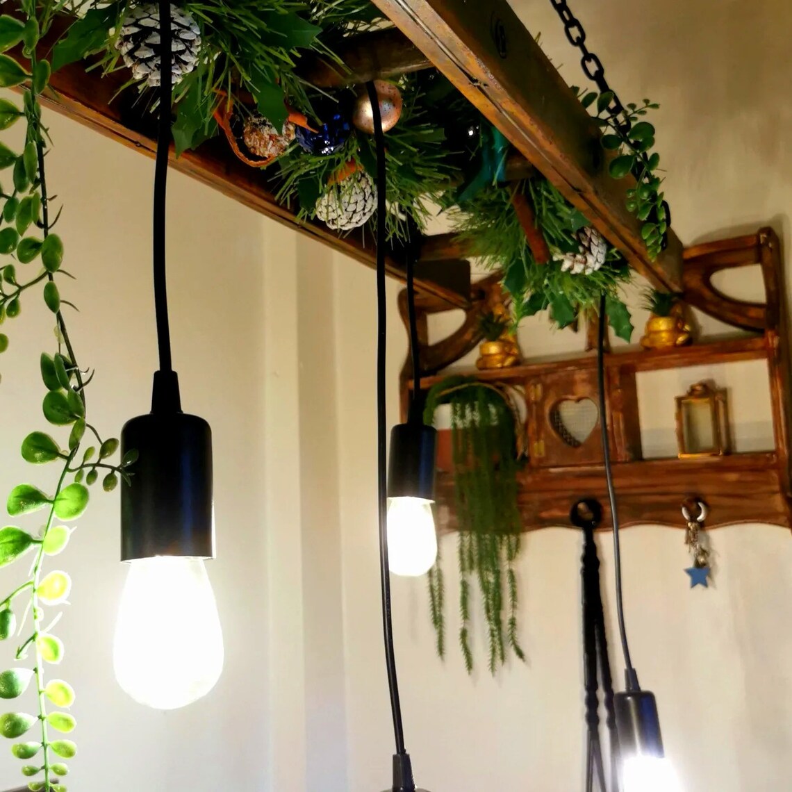 6 Pendant Rustic Vintage Industrial Wooden Ladder Farmhouse Chandelier ...