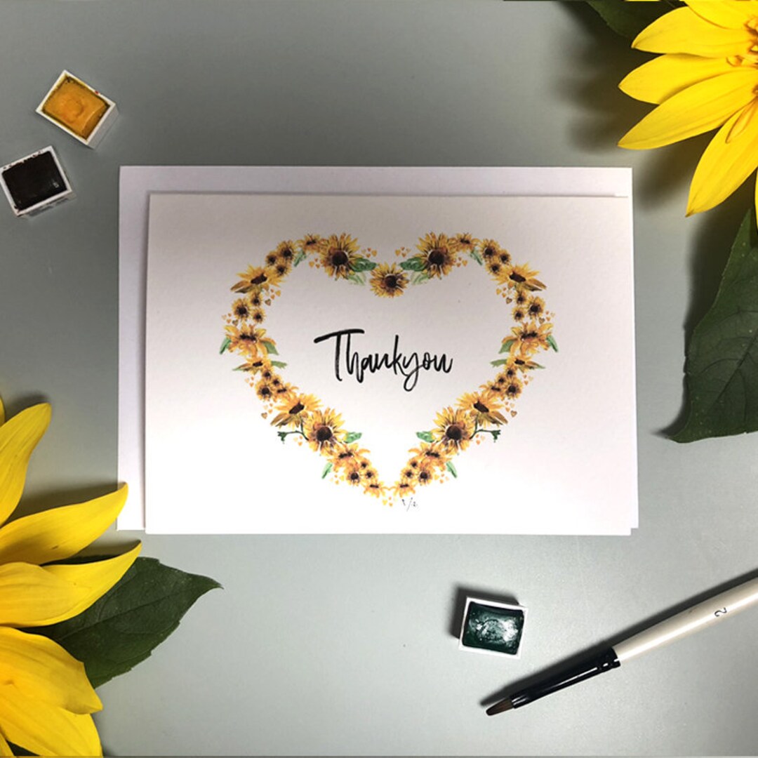 SUNFLOWER Teacher Thank You Card, Sunflower Thank You Heart Wreath Personalised Greeting Card ...