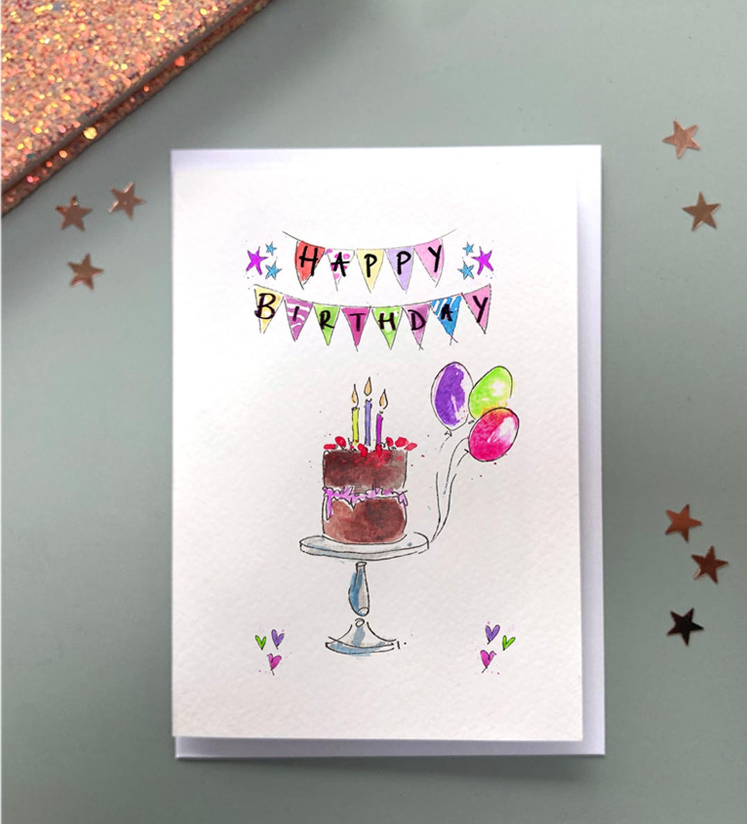 Chocolate Birthday Card Greeting Card, Happy Birthday Cake and Balloons ...