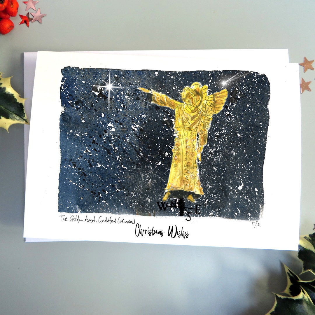 Guildford Cathedral Christmas Angel Watercolour Snow Night Personalised ...