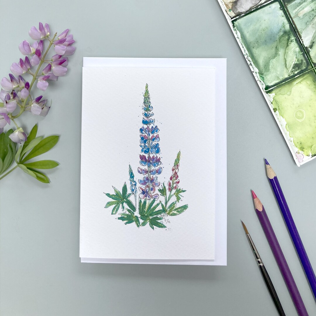 Handpainted Lupin Card, Watercolour Lupin Card, Birthday Lupins Card ...