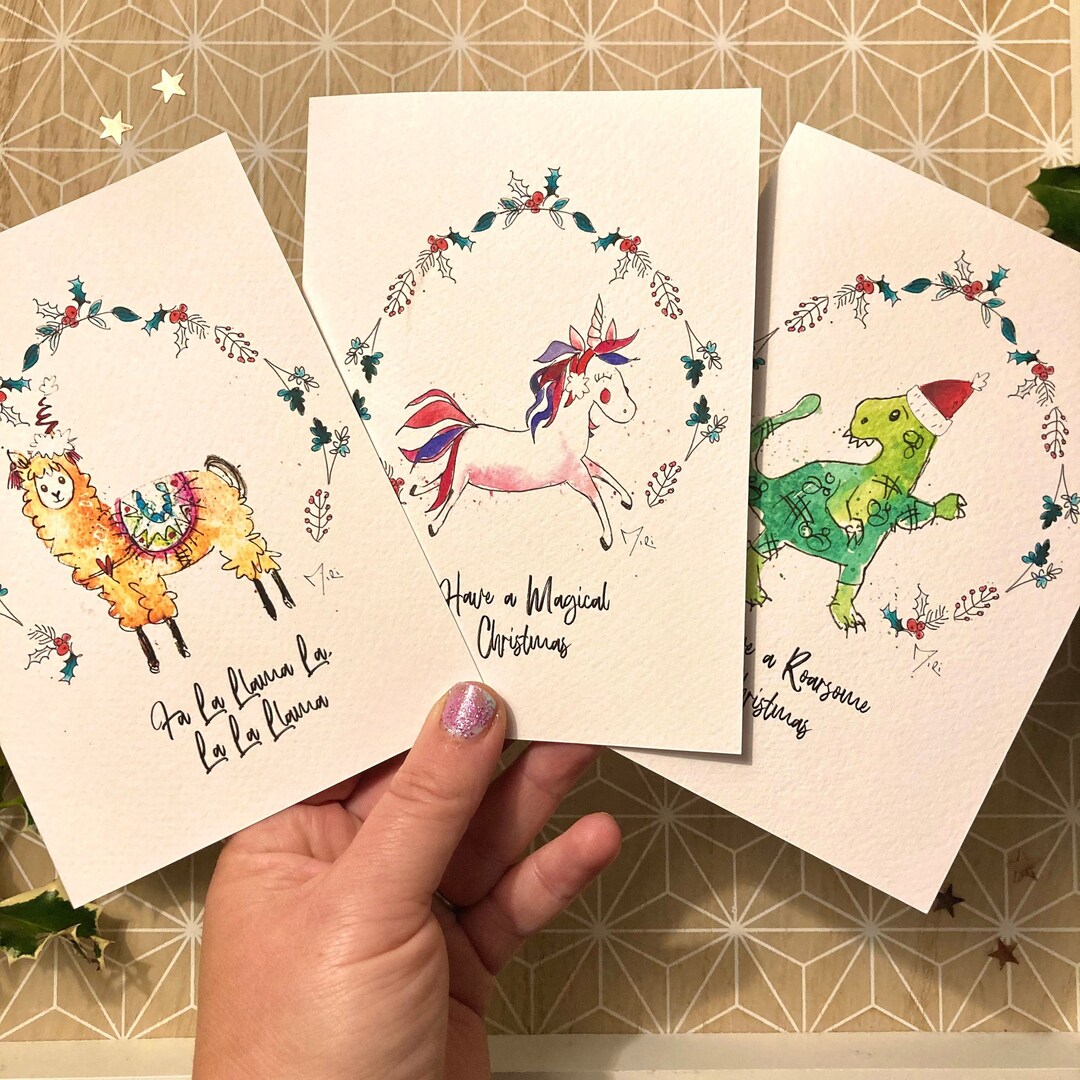 Handmade Christmas Card: Unicorn, Dinosaur, Llama Watercolour - Etsy