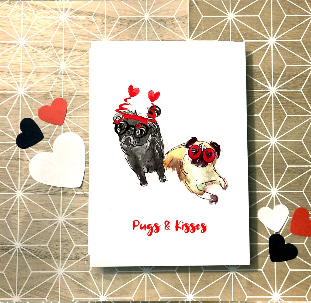 Pugs & Kisses Watercolor Pug Valentine's Day Card - Etsy