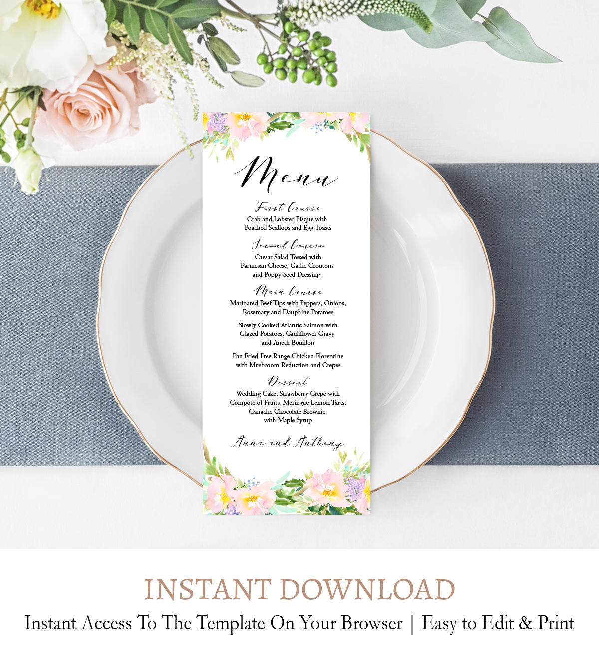 Digital Prints 100% Editable Templett Dinner Menu P59 Bohemian Menu ...
