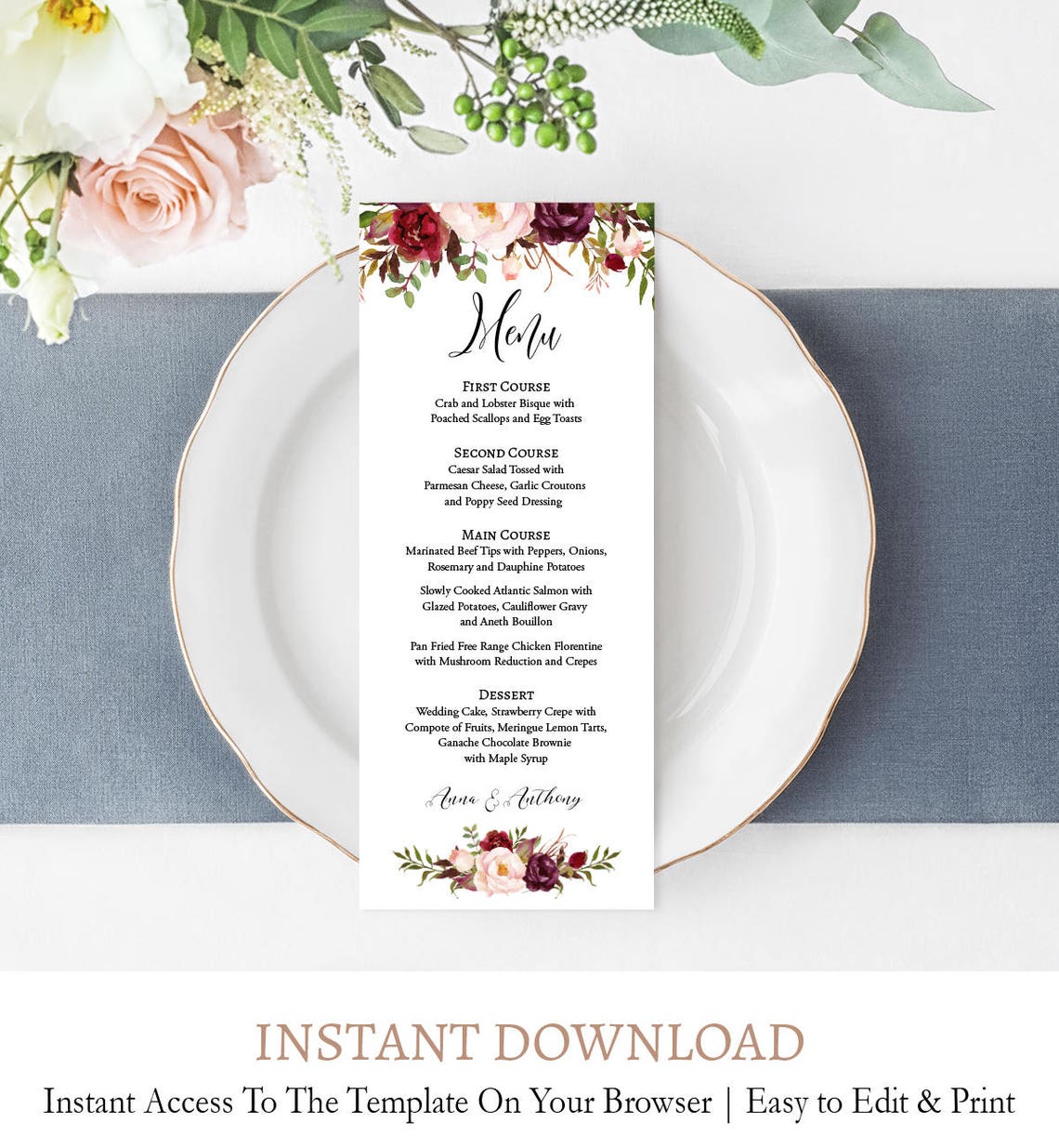 Burgundy Flowers Menu Template Burgundy Floral Wedding Dinner | Etsy