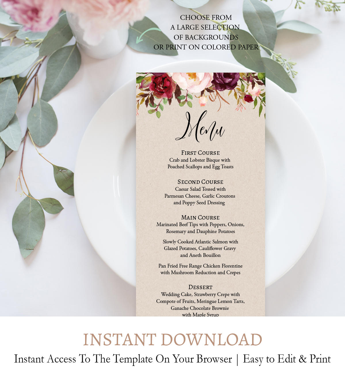 Burgundy Flowers Menu Template Burgundy Floral Wedding Dinner | Etsy