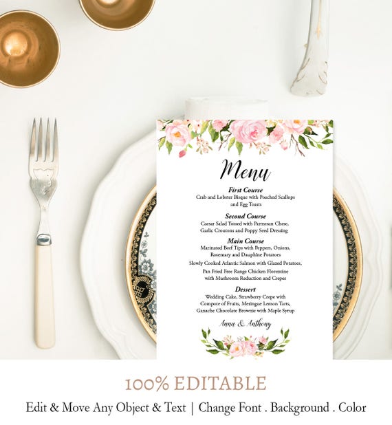 Peony Floral Wedding Menu Template Watercolor Floral Wedding - Etsy