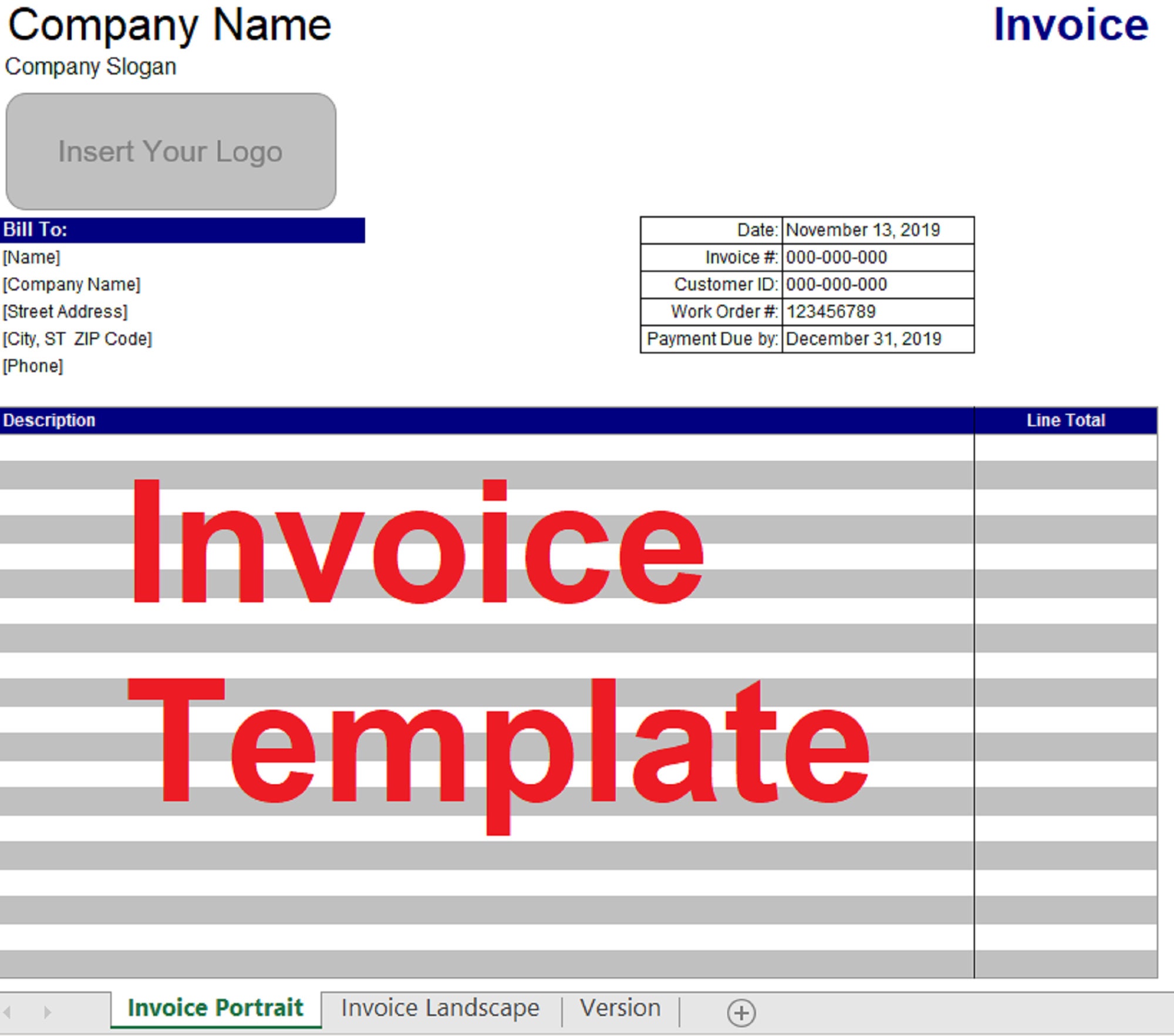 Editable Excel Business Invoice Template - Custom Invoice - Printable ...
