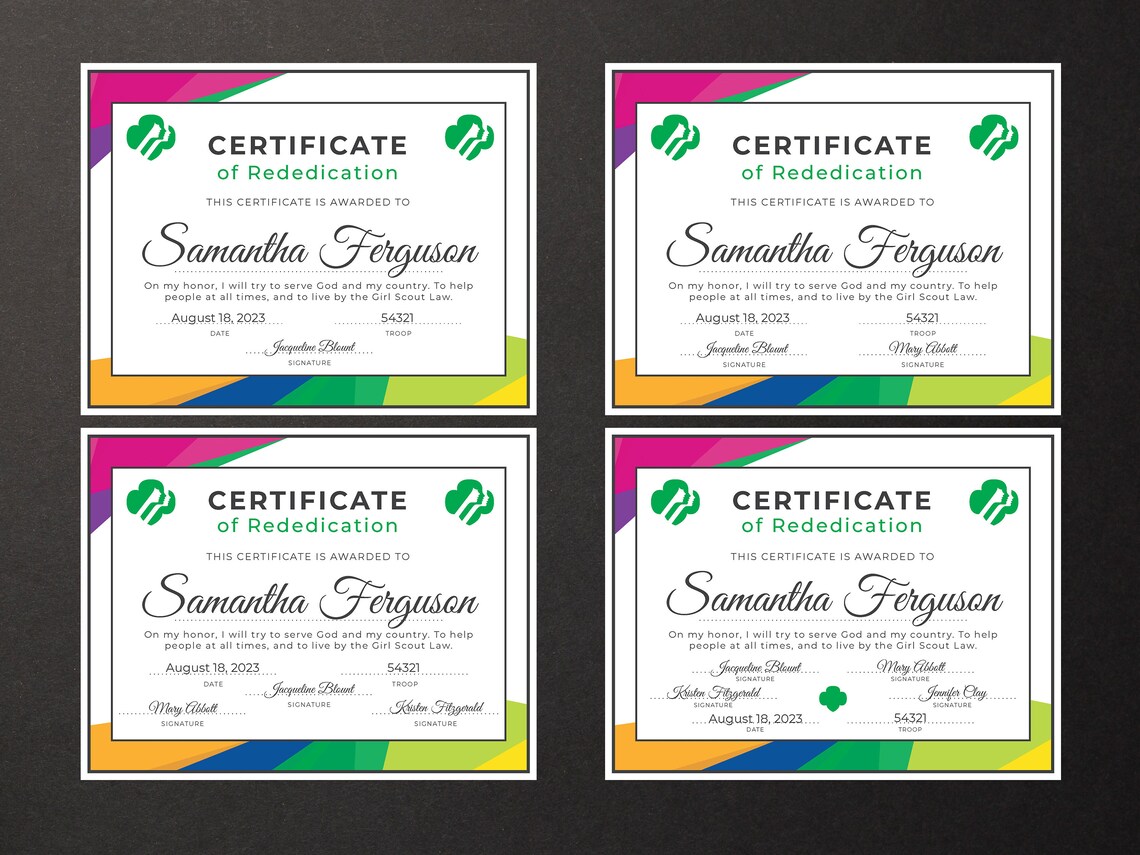 Girl Scout Rededication Certificate Printable PDF Template - Etsy