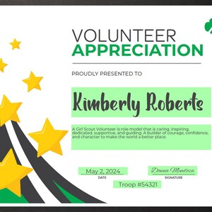 Girl Scout Volunteer Appreciation Certificate Printable PDF - Etsy