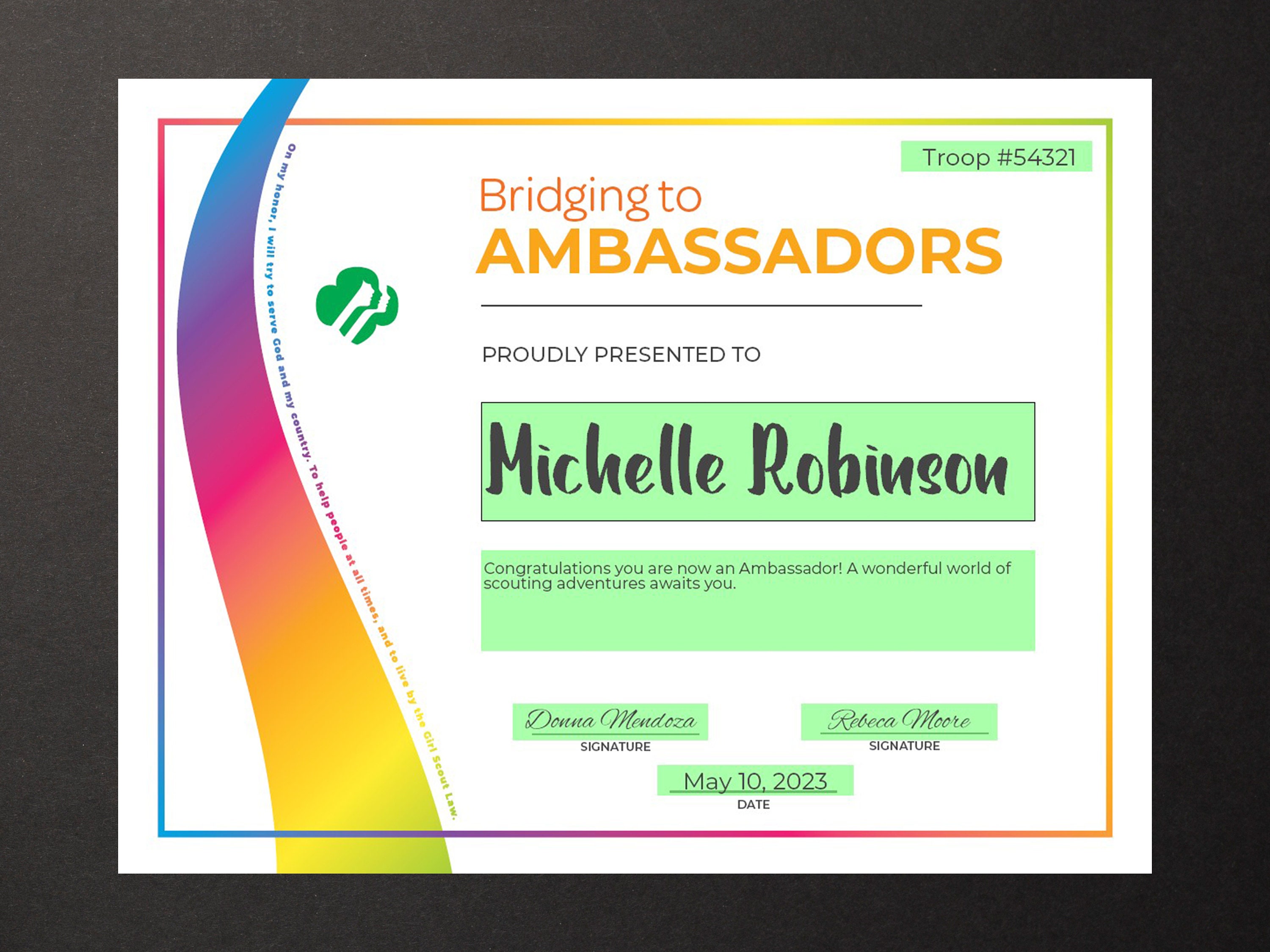 Girl Scout Bridging to Ambassadors Certificate PDF Template - Etsy