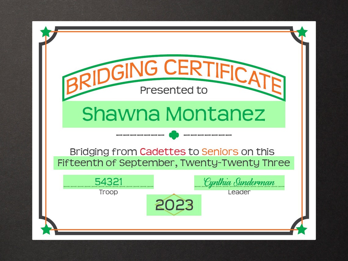 Girl Scout Bridging to Seniors Certificate PDF Template - Etsy