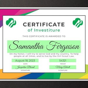 Girl Scout Investiture Certificate Printable PDF Template - Etsy