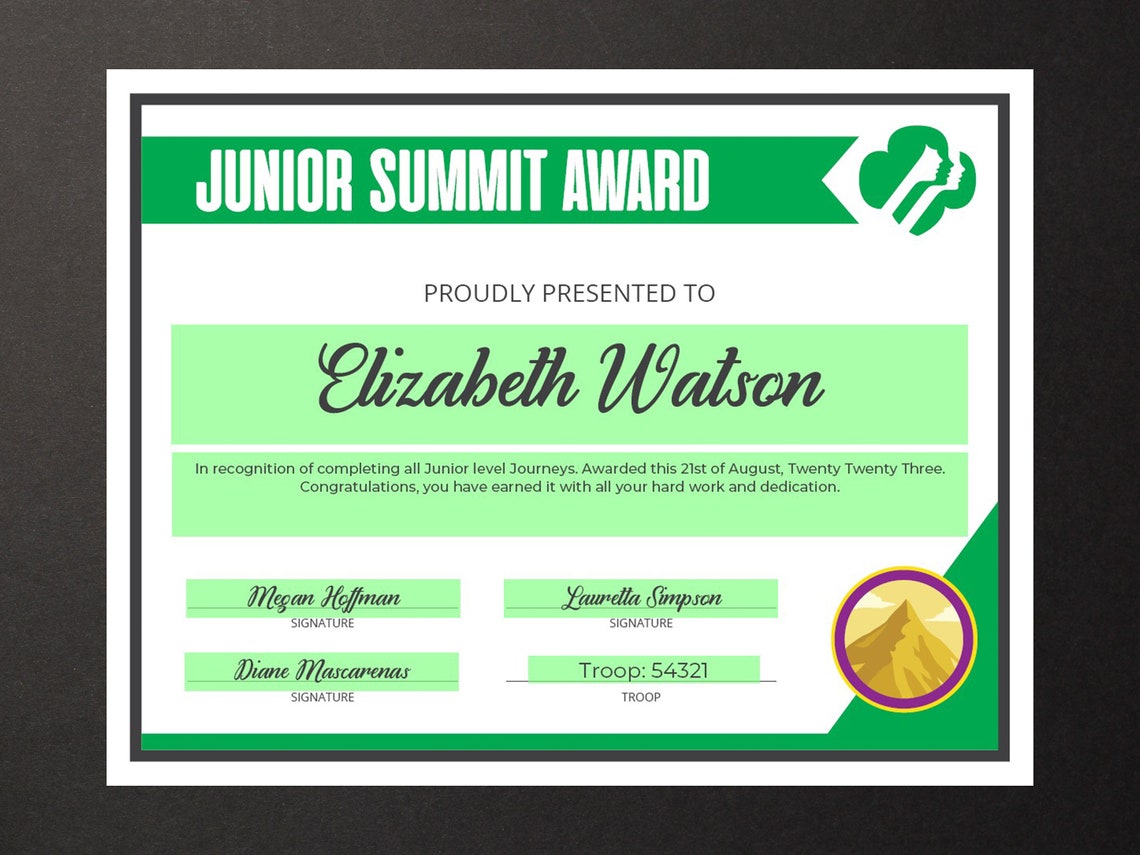 Girl Scout Junior Summit Award Certificate PDF Template - Etsy