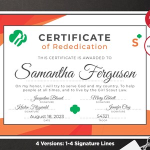 Girl Scout Senior Rededication Certificate Printable PDF - Etsy
