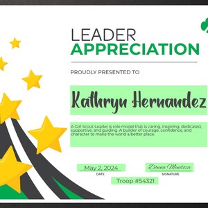 Girl Scout Leader Appreciation Certificate Printable PDF - Etsy