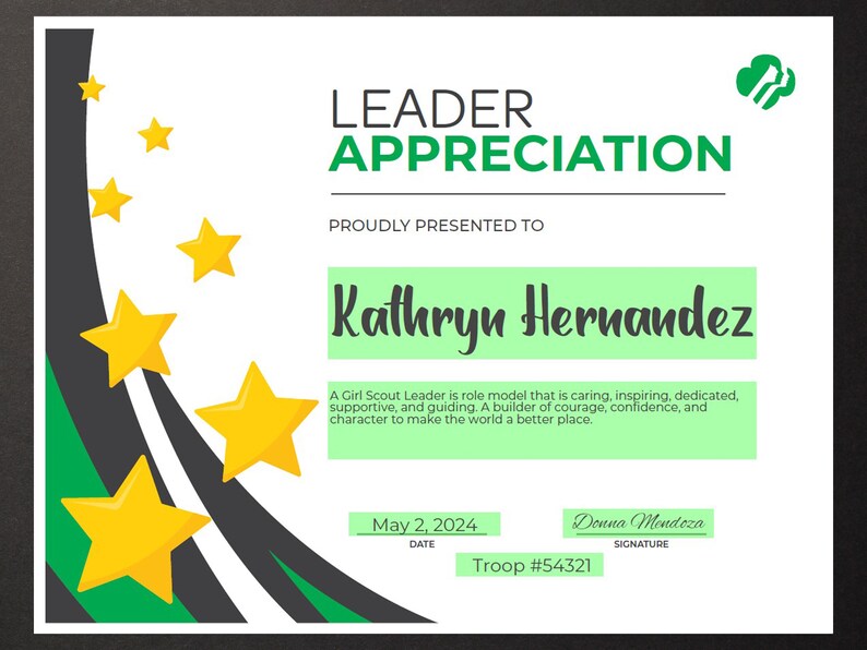 Girl Scout Leader Appreciation Certificate Printable PDF - Etsy