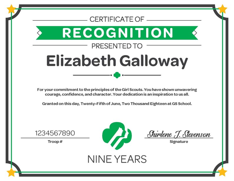 Girl Scout Certificate of Recognition PDF Template | Etsy