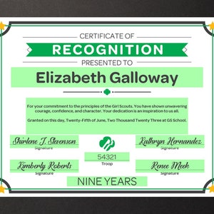 Girl Scout Certificate of Recognition PDF Template - Etsy
