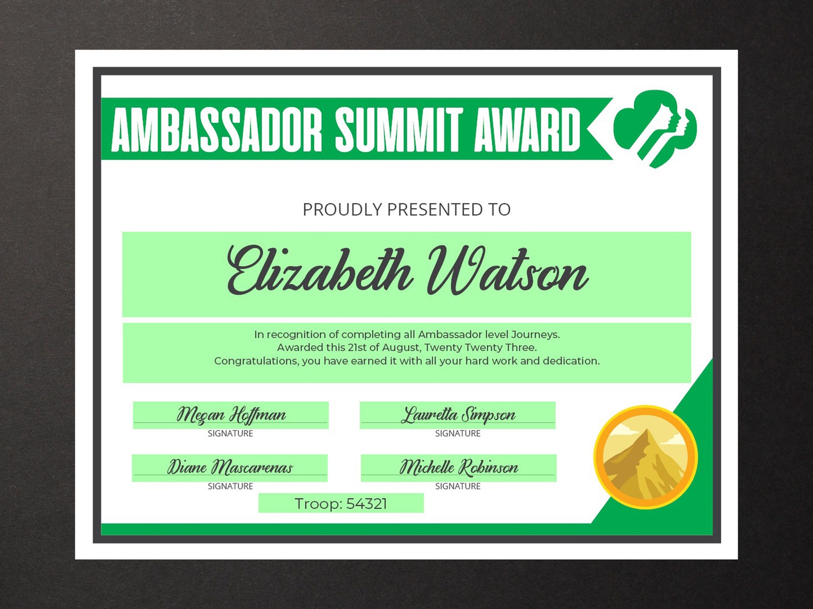 Girl Scout Ambassador Summit Award Certificate PDF Template - Etsy