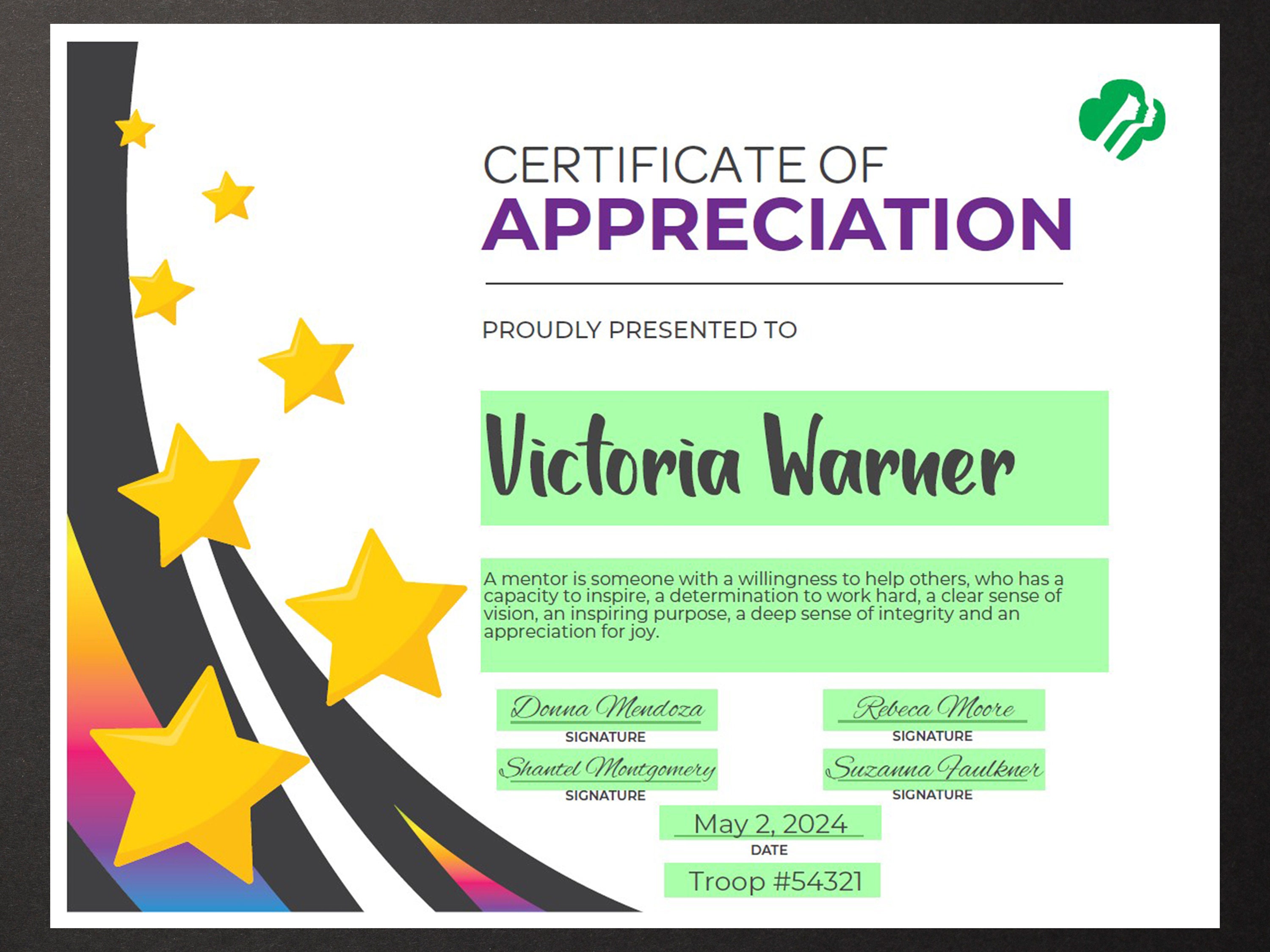 Girl Scout Certificate of Appreciation Printable PDF - Etsy