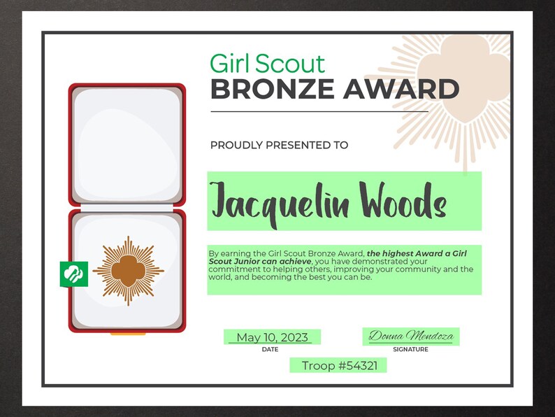 Girl Scout Bronze Award Certificate Printable PDF Template | Etsy