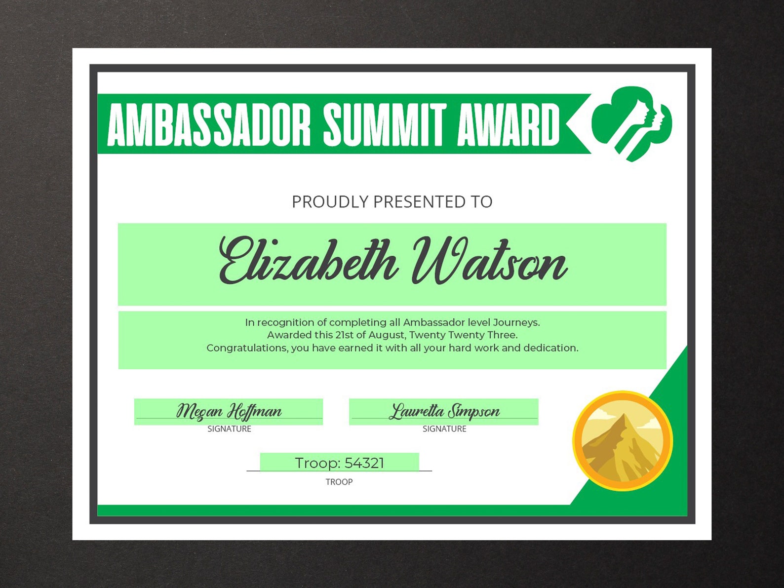 Girl Scout Ambassador Summit Award Certificate PDF Template - Etsy