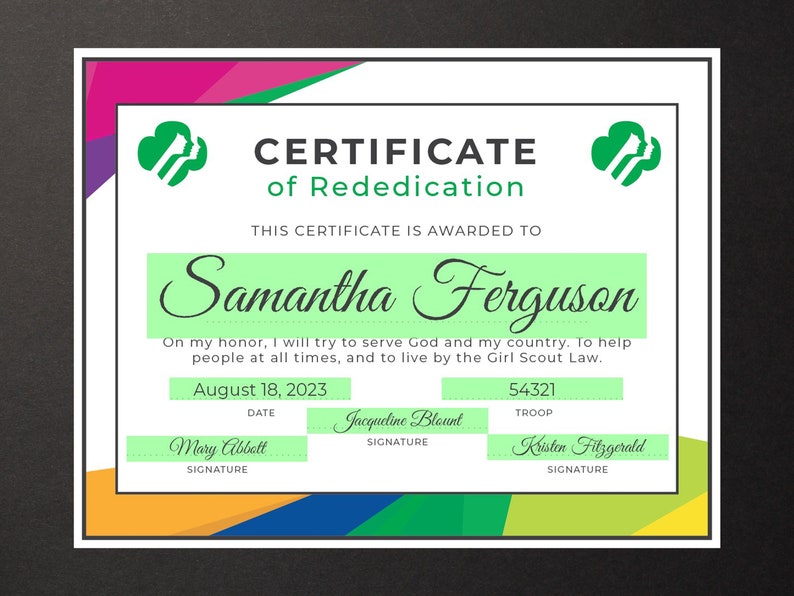 Girl Scout Rededication Certificate Printable PDF Template - Etsy