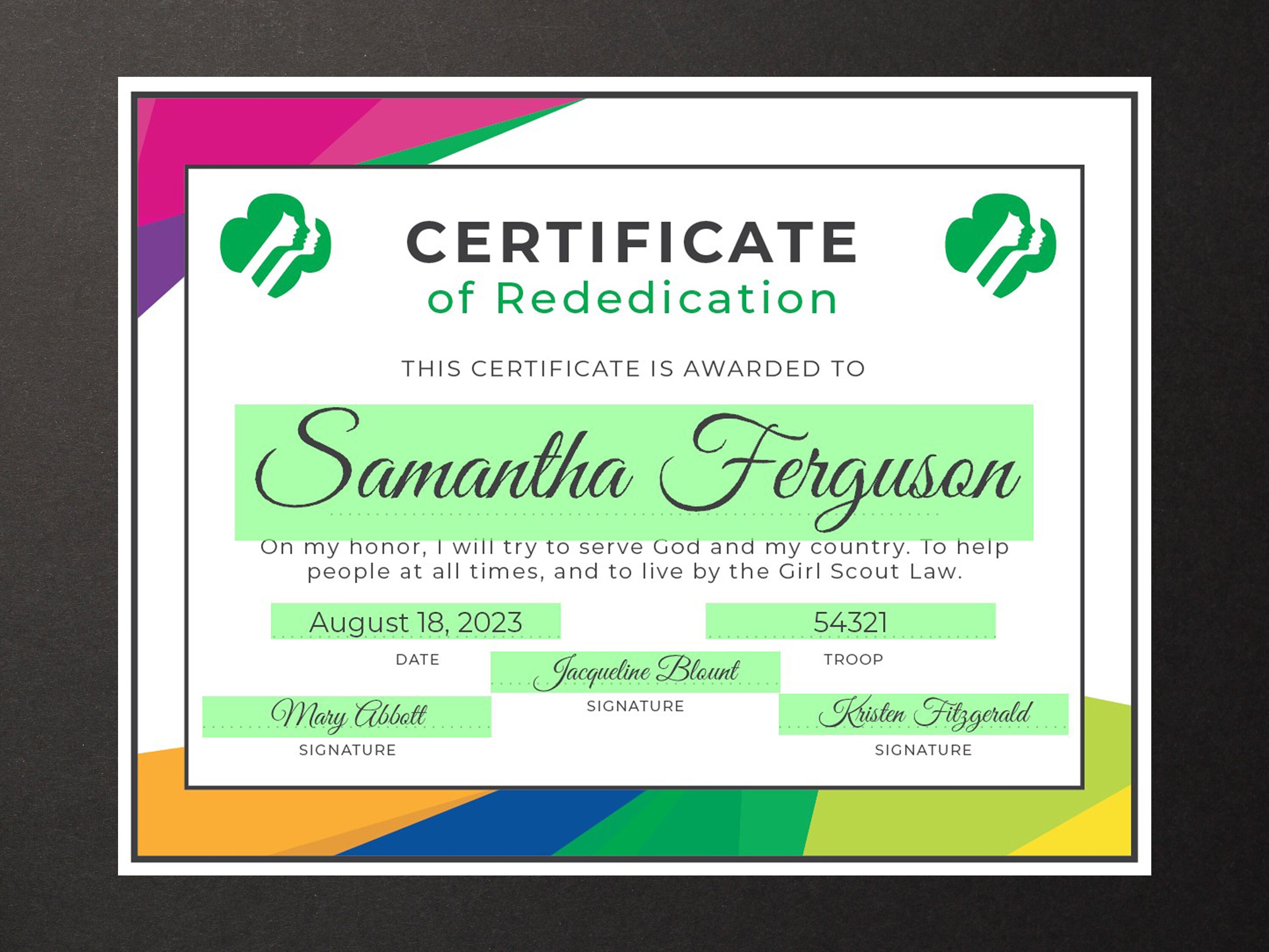 Girl Scout Rededication Certificate Printable PDF Template - Etsy