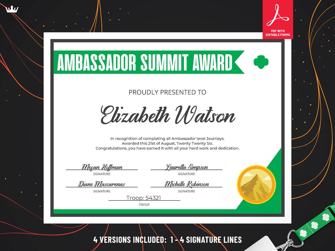 Girl Scout Ambassador Summit Award Certificate | PDF Template - Etsy