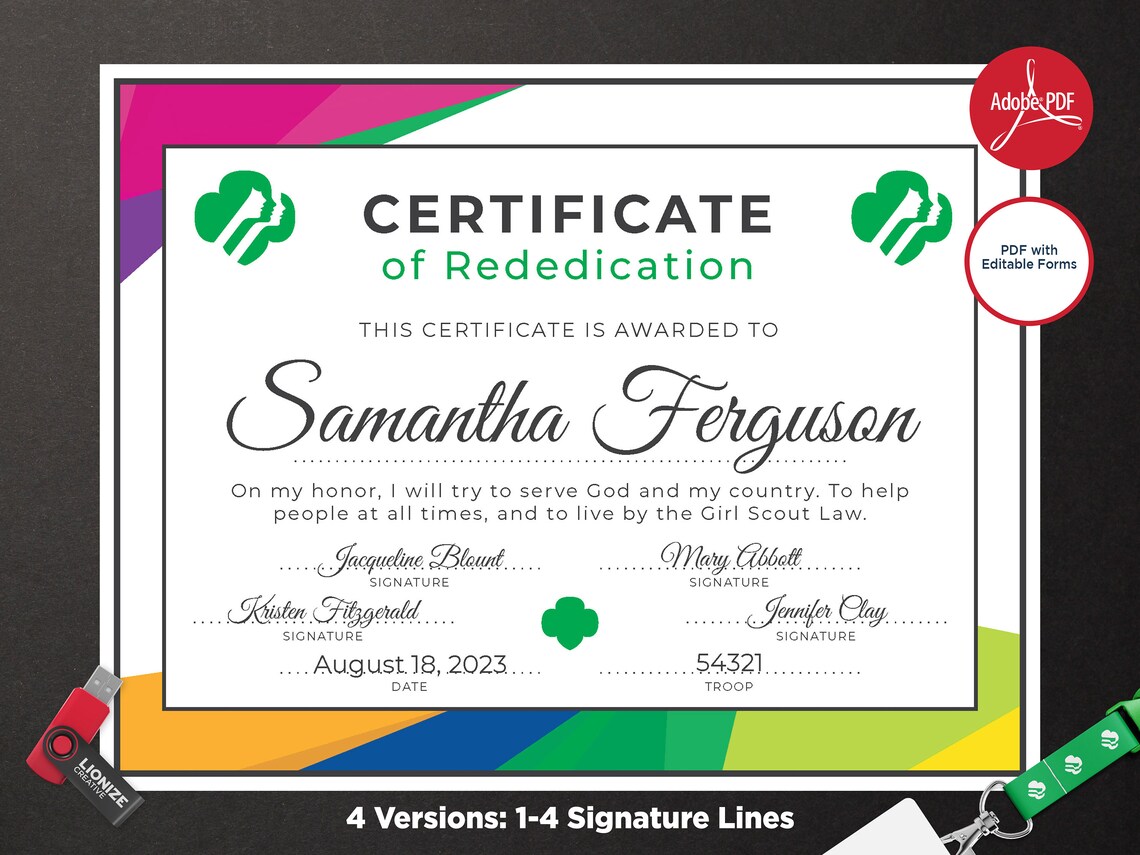 Girl Scout Rededication Certificate Printable PDF Template - Etsy
