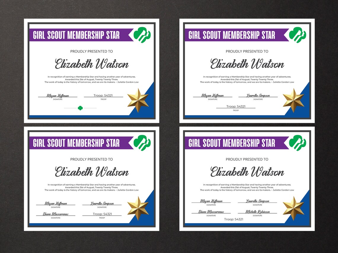 Girl Scout Membership Star Certificate PDF Template - Etsy