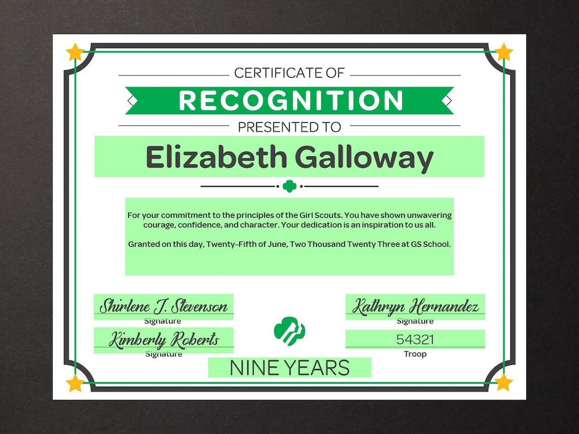 Girl Scout Certificate of Recognition PDF Template - Etsy