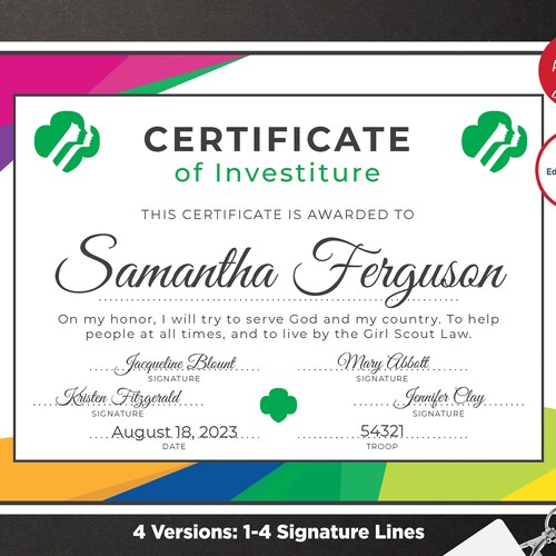 Girl Scout Investiture Certificate Printable PDF Template - Etsy