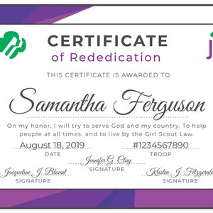 Girl Scout Junior Rededication Certificate Printable PDF | Etsy