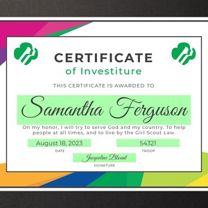 Girl Scout Investiture Certificate Printable PDF Template - Etsy