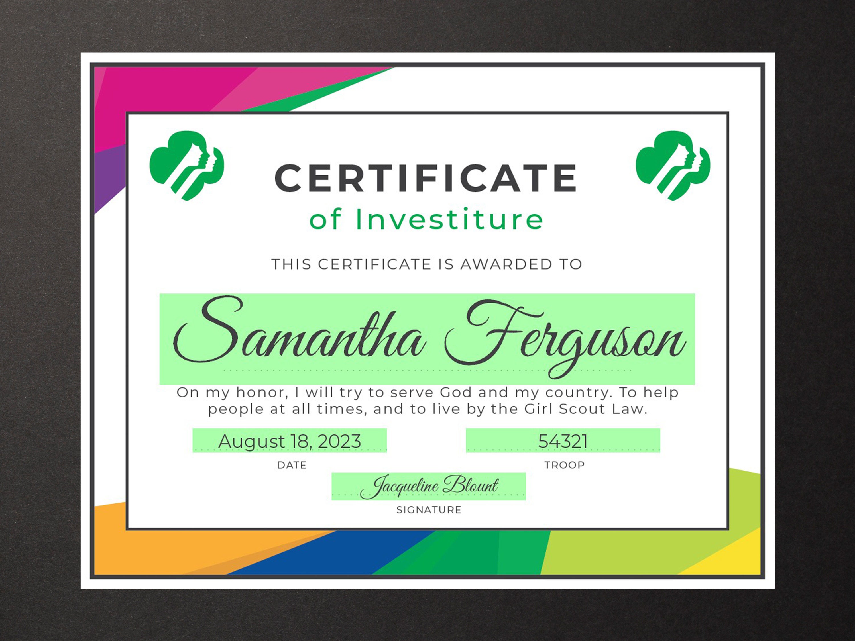 Girl Scout Investiture Certificate Printable PDF Template - Etsy