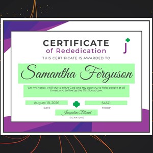 Girl Scout Junior Rededication Certificate | Printable PDF Template - Etsy