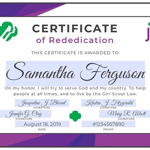 Girl Scout Junior Rededication Certificate Printable PDF | Etsy