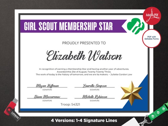 Girl Scout Membership Star Certificate PDF Template - Etsy