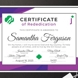 Girl Scout Junior Rededication Certificate Printable PDF | Etsy