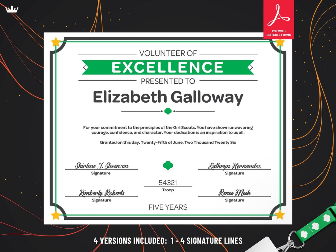 Girl Scout Volunteer of Excellence Certificate | Printable PDF Template ...