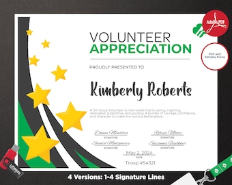 Girl Scout Volunteer Appreciation Certificate Printable PDF - Etsy
