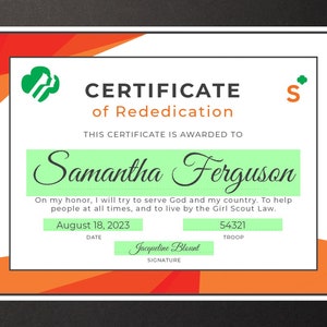 Girl Scout Senior Rededication Certificate Printable PDF - Etsy