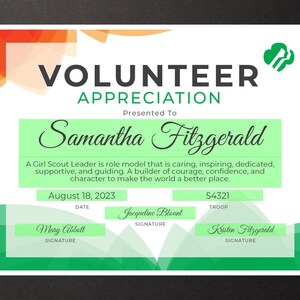 Girl Scout Volunteer Appreciation Certificate Printable PDF - Etsy