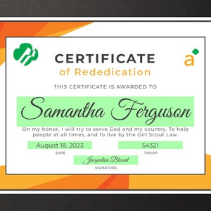 Girl Scout Ambassador Rededication Certificate Printable PDF - Etsy