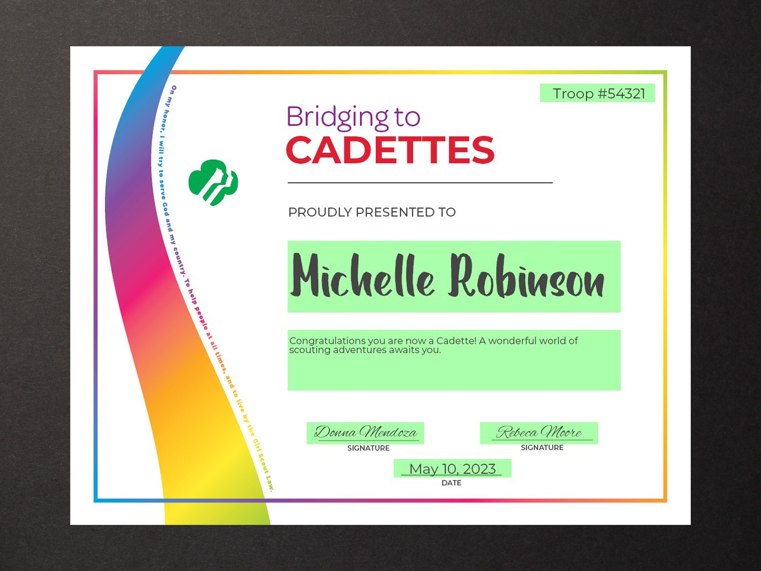 Girl Scouts Bridging to Cadettes Certificate PDF Template - Etsy